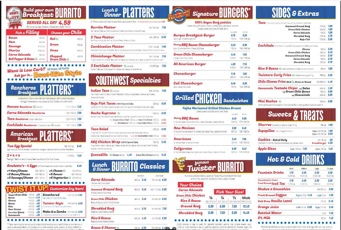 Twisters Burgers and Burritos Restaurant Menu