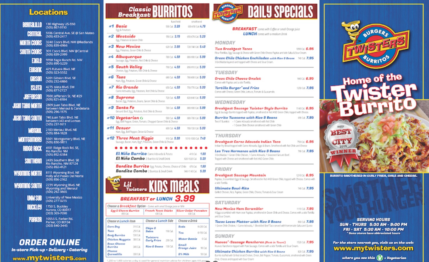 Twisters Burgers and Burritos Restaurant Menu